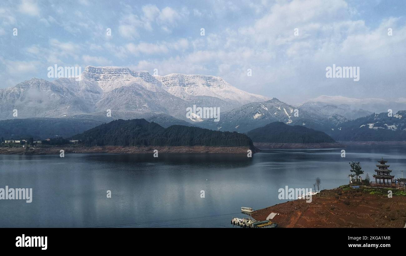 The beautiful scenery of Yanv lake in Sichuan China with the Wawu ...