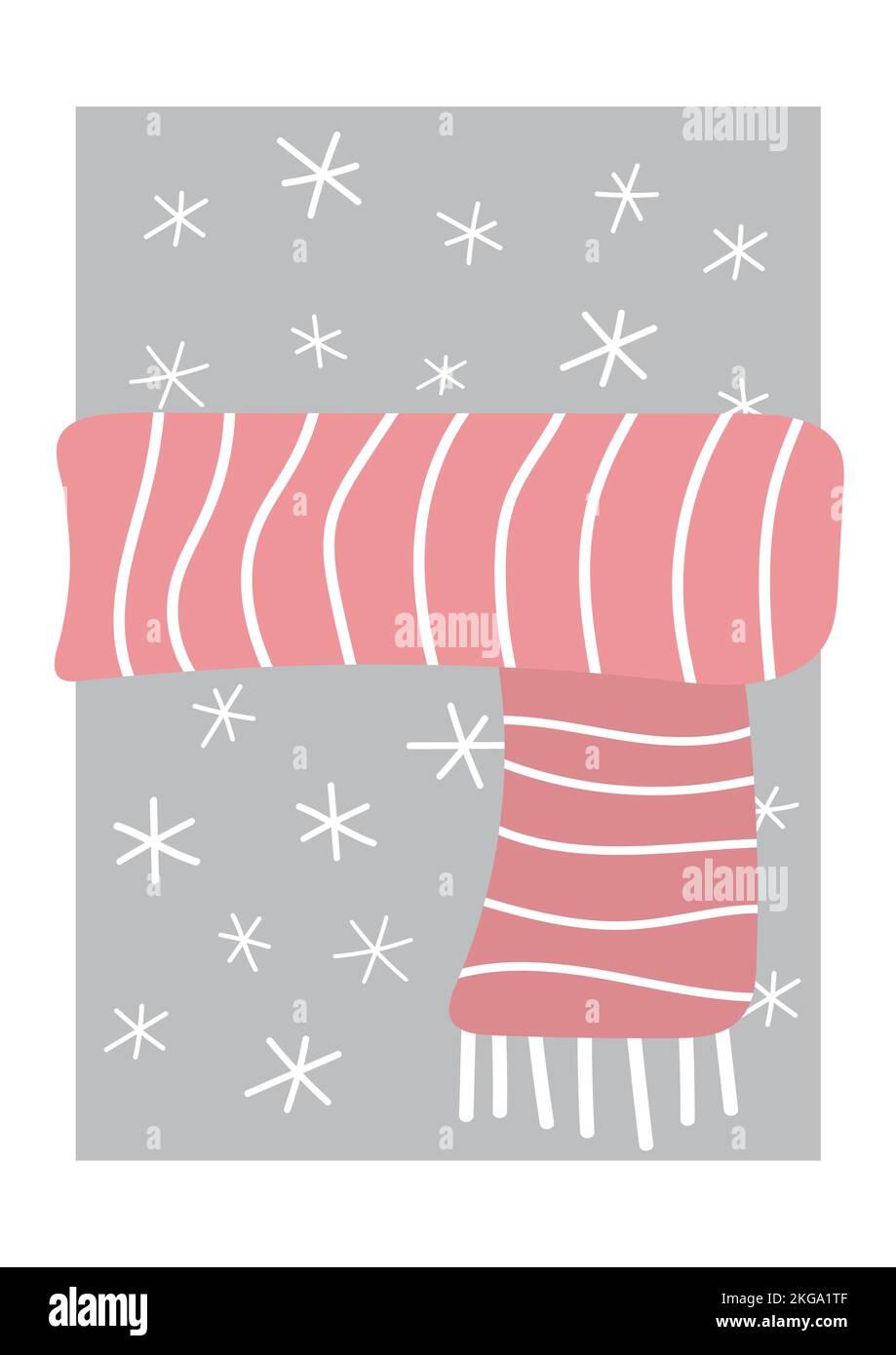 Cozy pink scarf on a gray greeting card with snowflakes. Christmas ...
