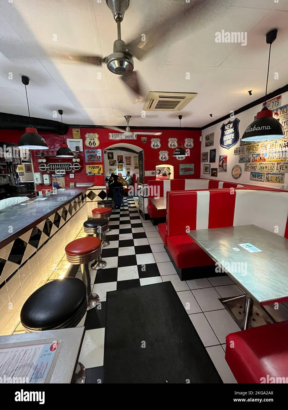 A vertical shot of an American fast food restaurant interior designed ...