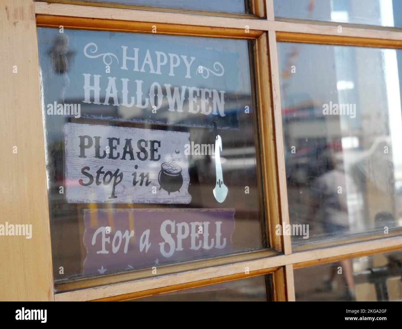 Decorative Halloween signs in a window Stock Photo - Alamy