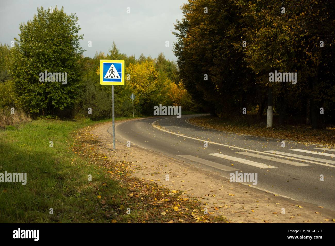 Turning road. Pedestrian crossing across street. Track details. Road in ...