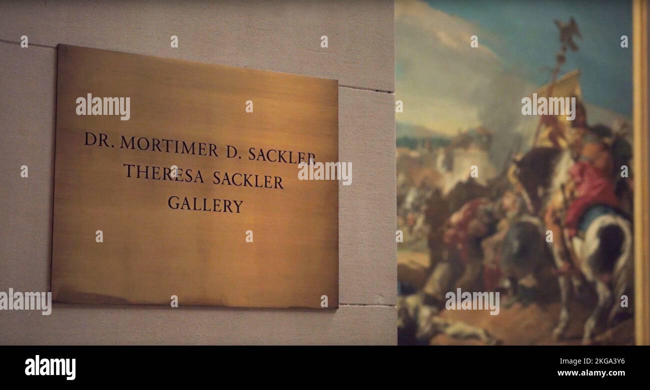 ALL THE BEAUTY AND THE BLOODSHED, Sackler nameplate on a gallery at the ...
