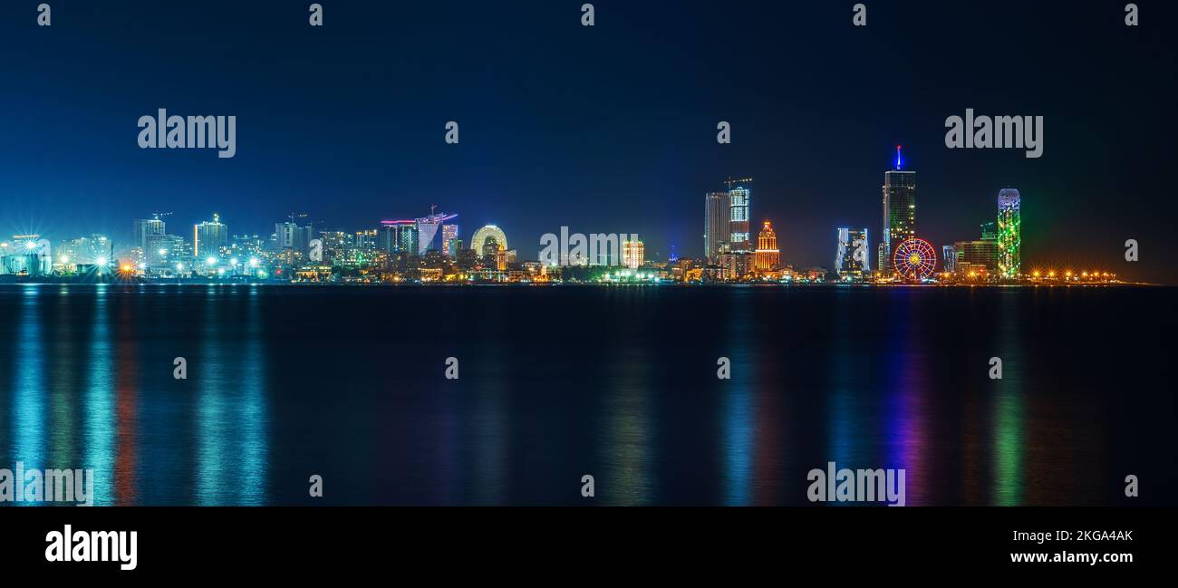 Night panorama of Batumi, Georgia. Night resort city with illuminated ...