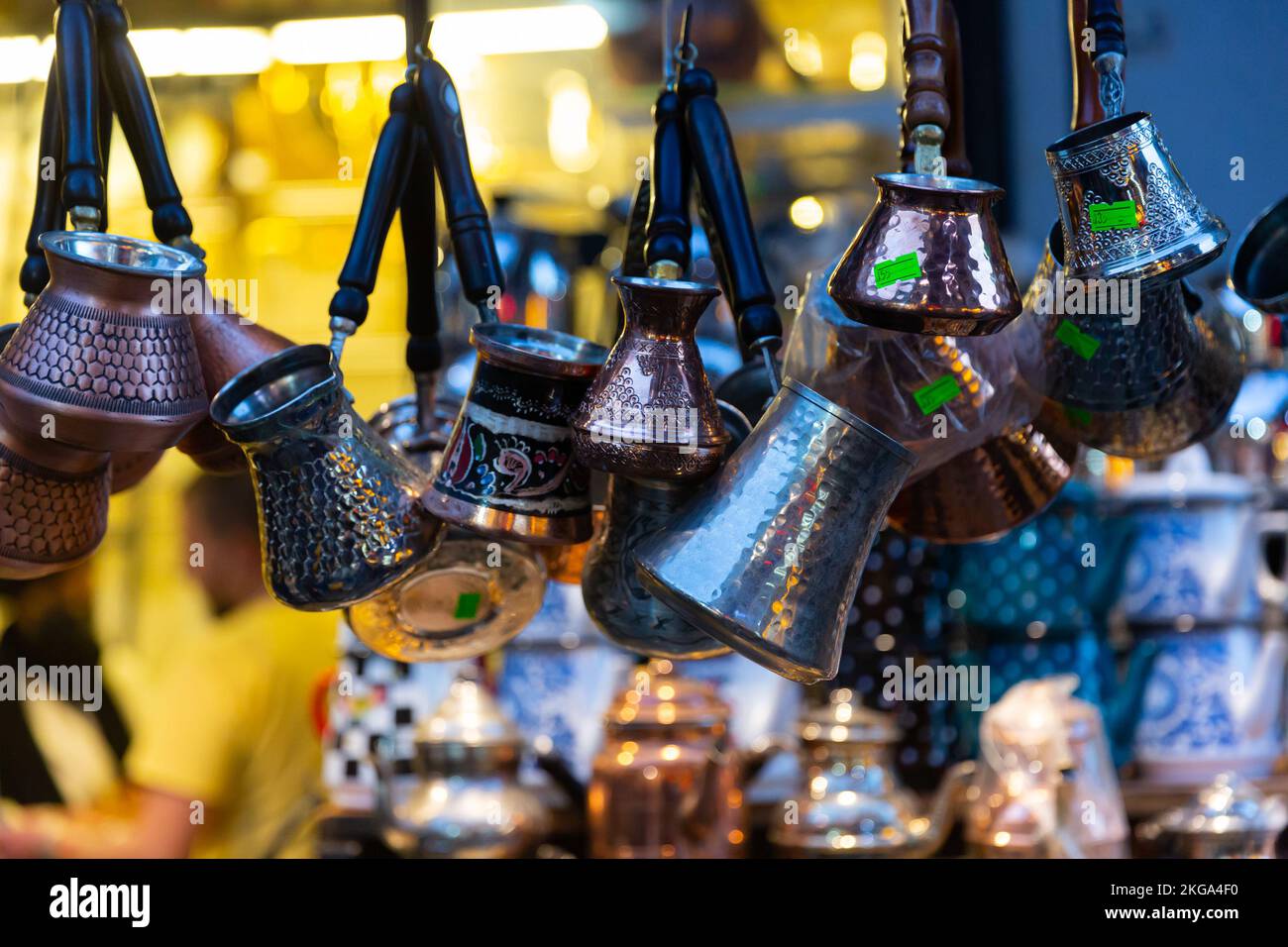 Sale of traditional Turkish Turks for making coffee at Turkish market ...