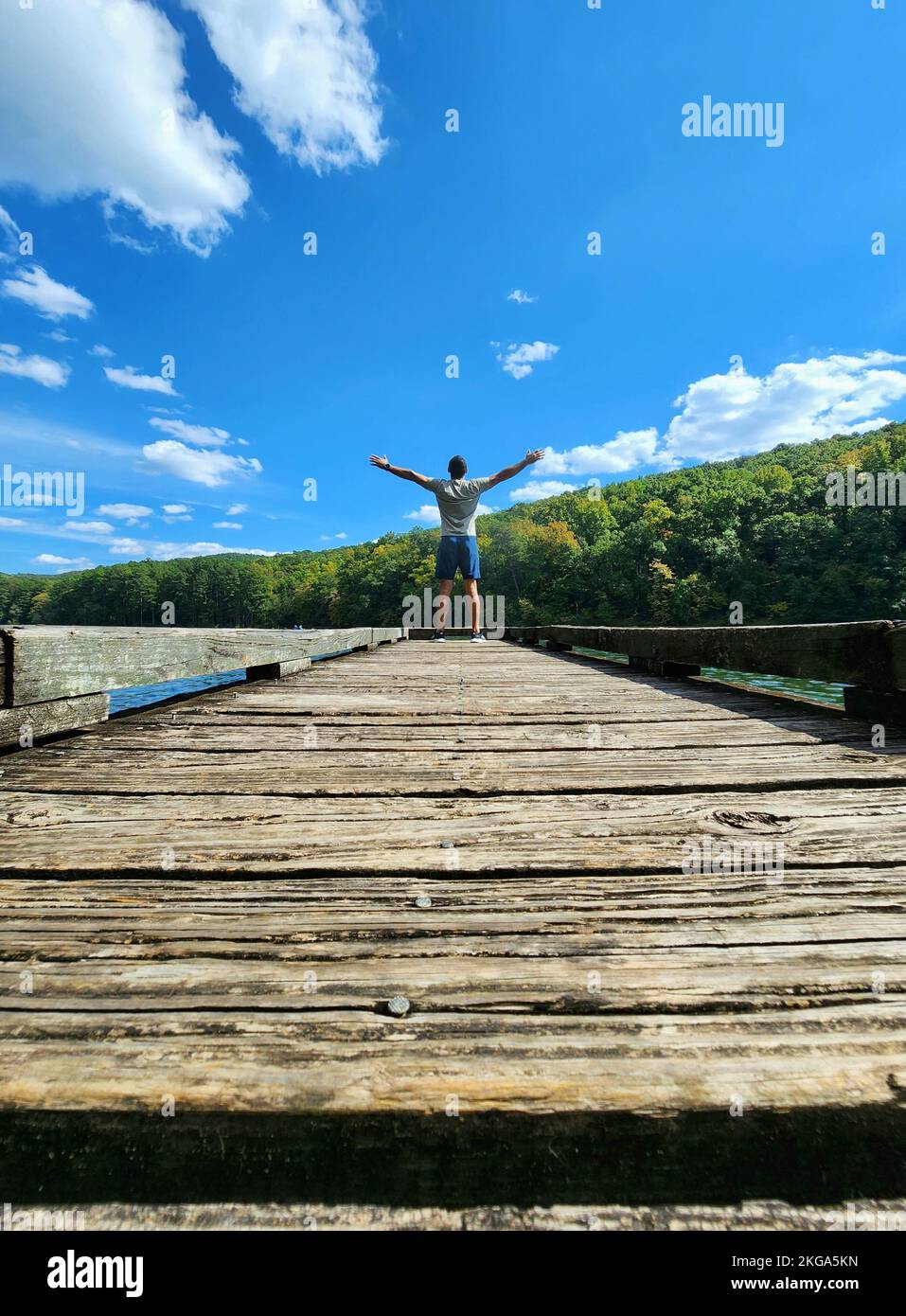 A vertical image of an excited man holding hands high standing at the ...