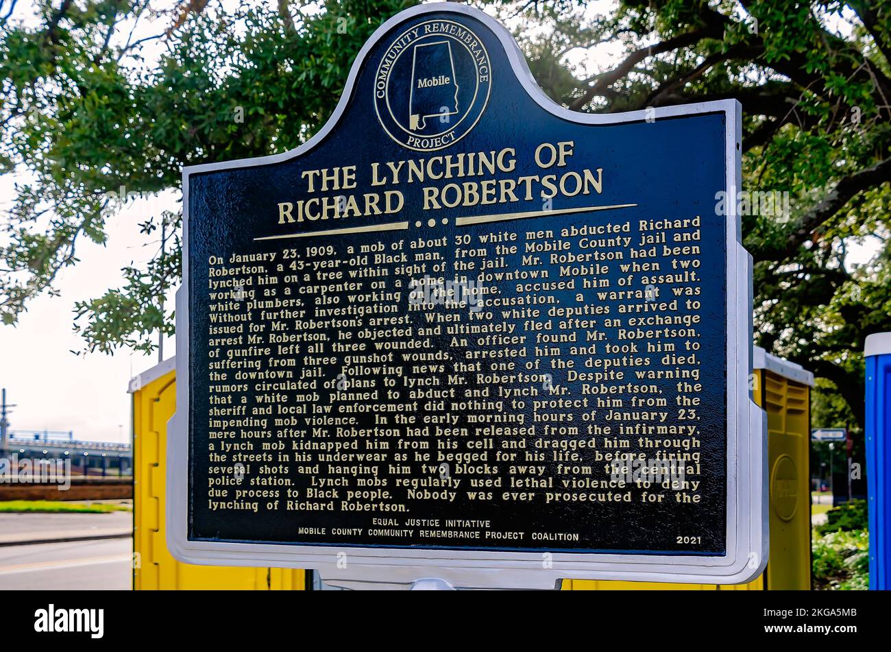 A historic marker tells of the 1909 lynching of Richard Robertson, Nov. 20, 2022, in Mobile ...