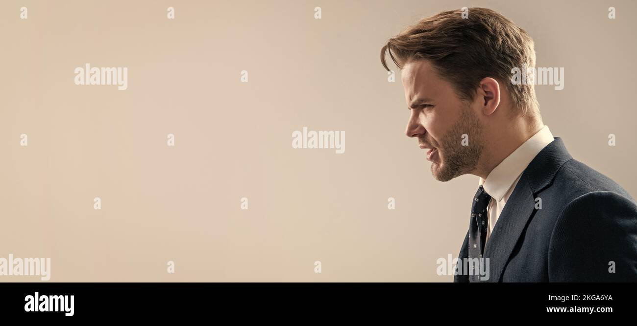 Hes really angry. Angry boss grey background. Professional man show ...