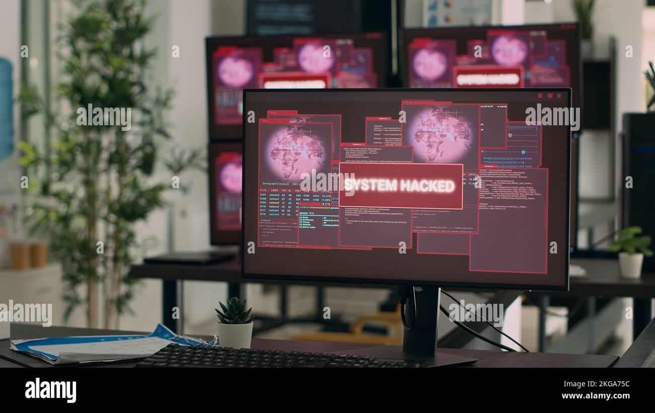 Empty Coding Office With Monitors Showing Security Breach Alert And Critical Error Message