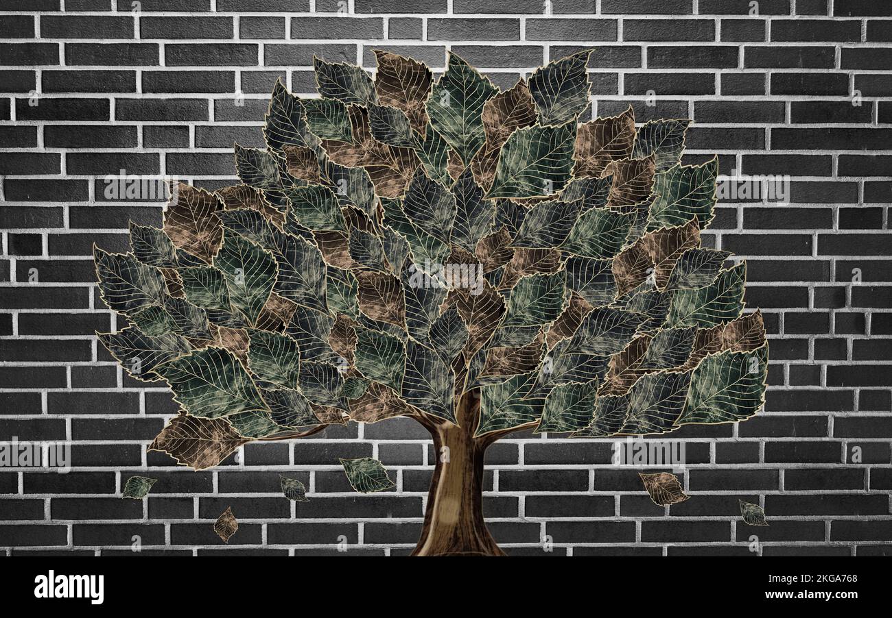 colorful tree in black wall bricks background for wall decor. 3d mural ...
