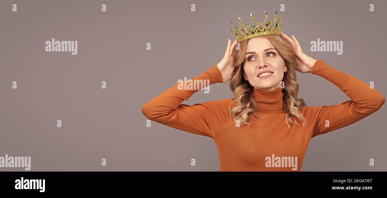 Princess woman with crown. pretty blonde woman with curly hair wear ...