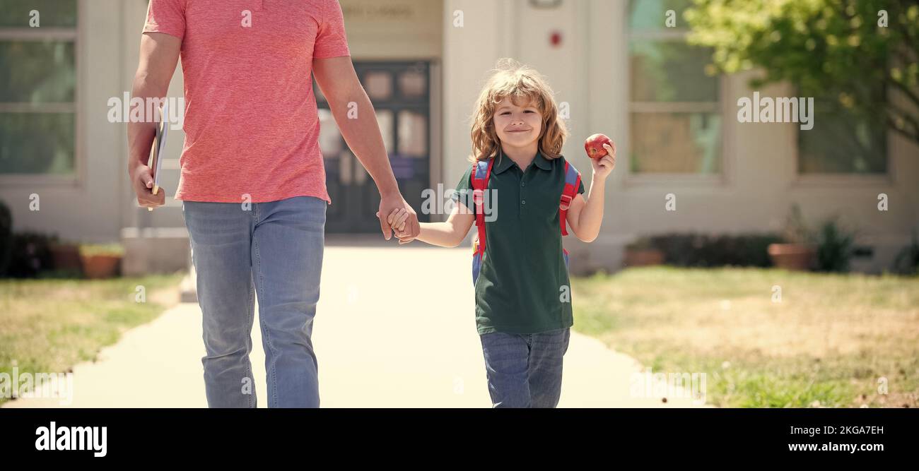 Banner of child back to school, nerd with teacher hold apple. education ...