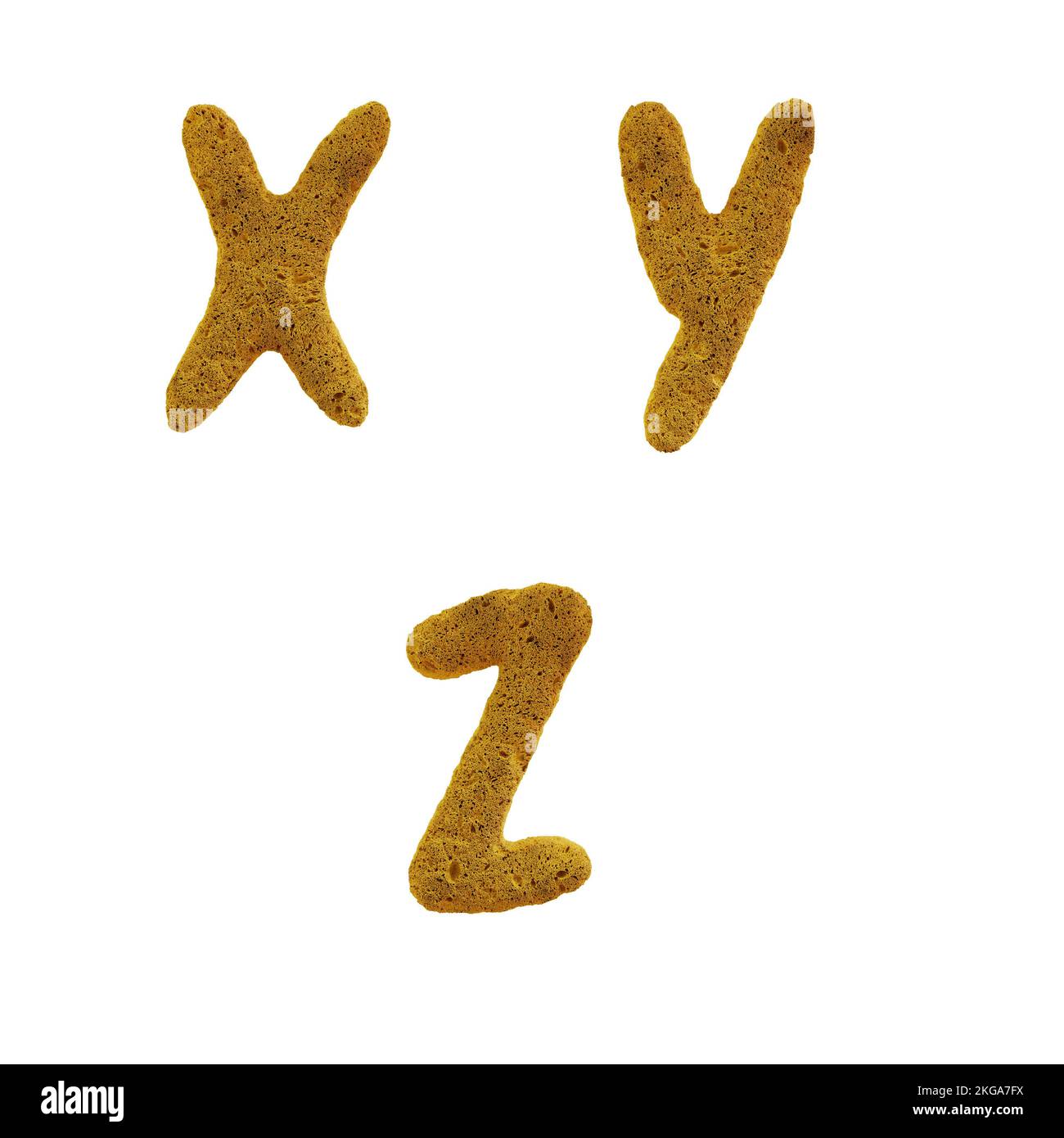 3D render of yellow sponge capital letter alphabet - letters X- Z Stock ...