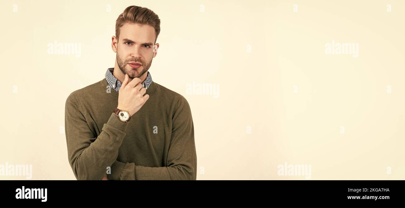 handsome man with stylish hair wear wristwatch isolated on white, male ...