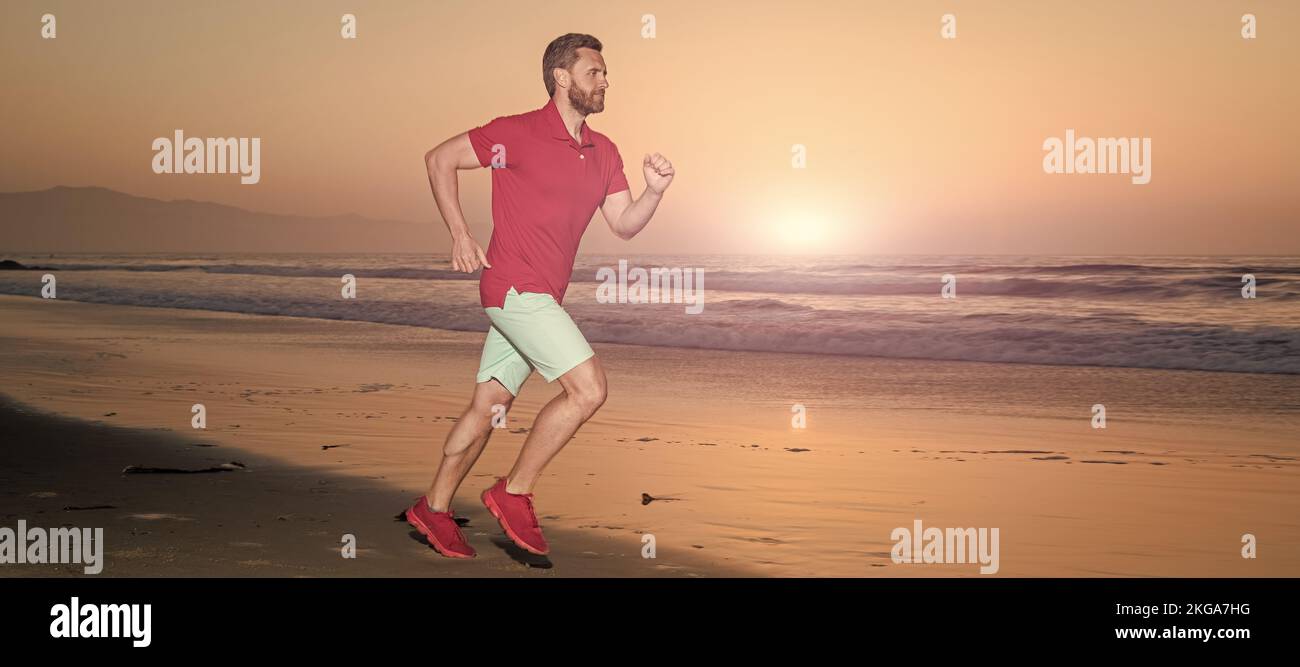 Man running and jumping, banner with copy space. jogger. sport athlete ...