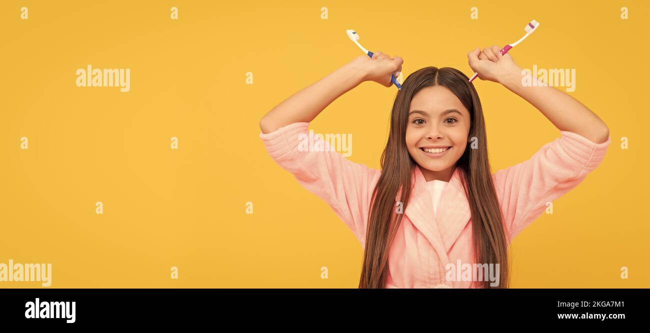 funny teen girl hold toothbrush. childhood happiness. morning routine ...