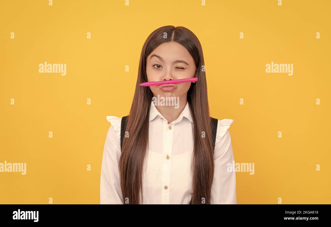 Knowledge day. Winking girl hold pen as mustache. School education ...