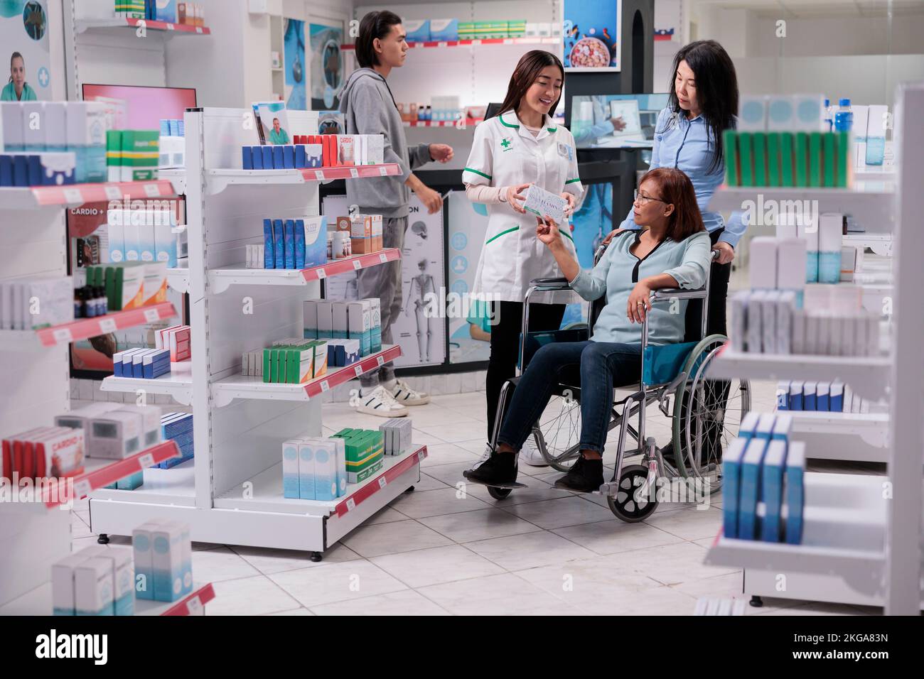 Asian women talking about prescription pills box, giving treatment to ...