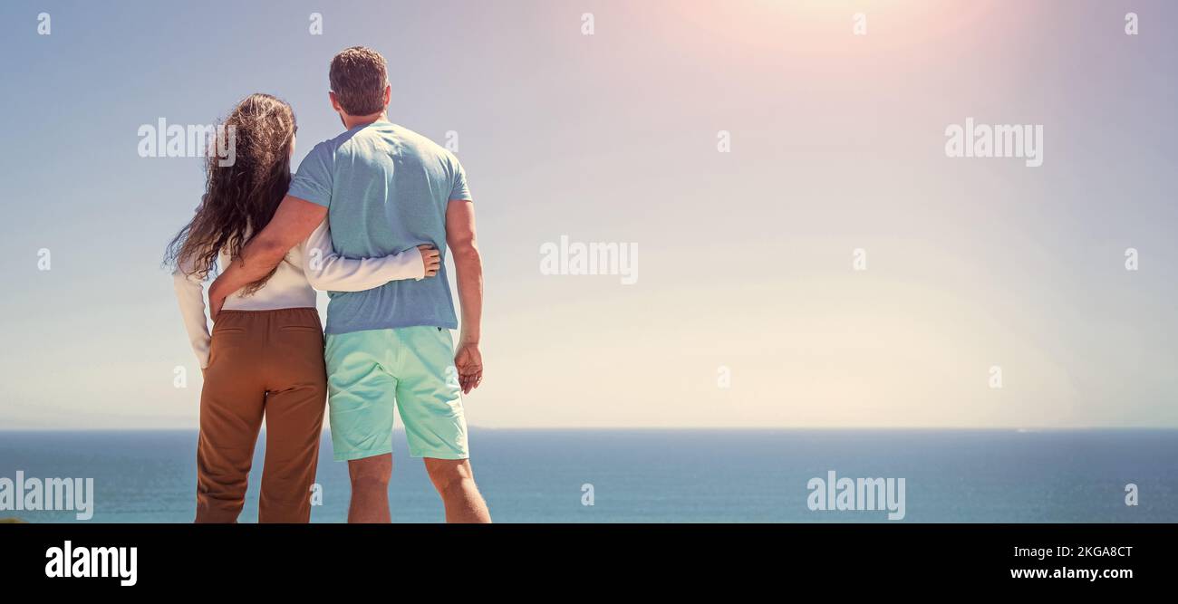 Banner of couple in love embracing on sea beach, couple travel vacation ...