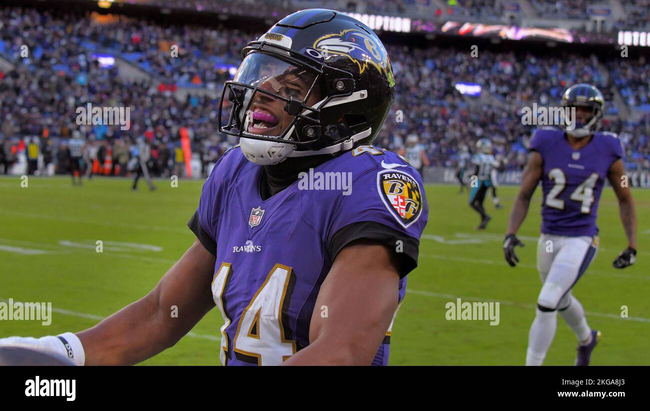 Ravens cornerback Marlon Humphrey celebrates after he intercepted a ...