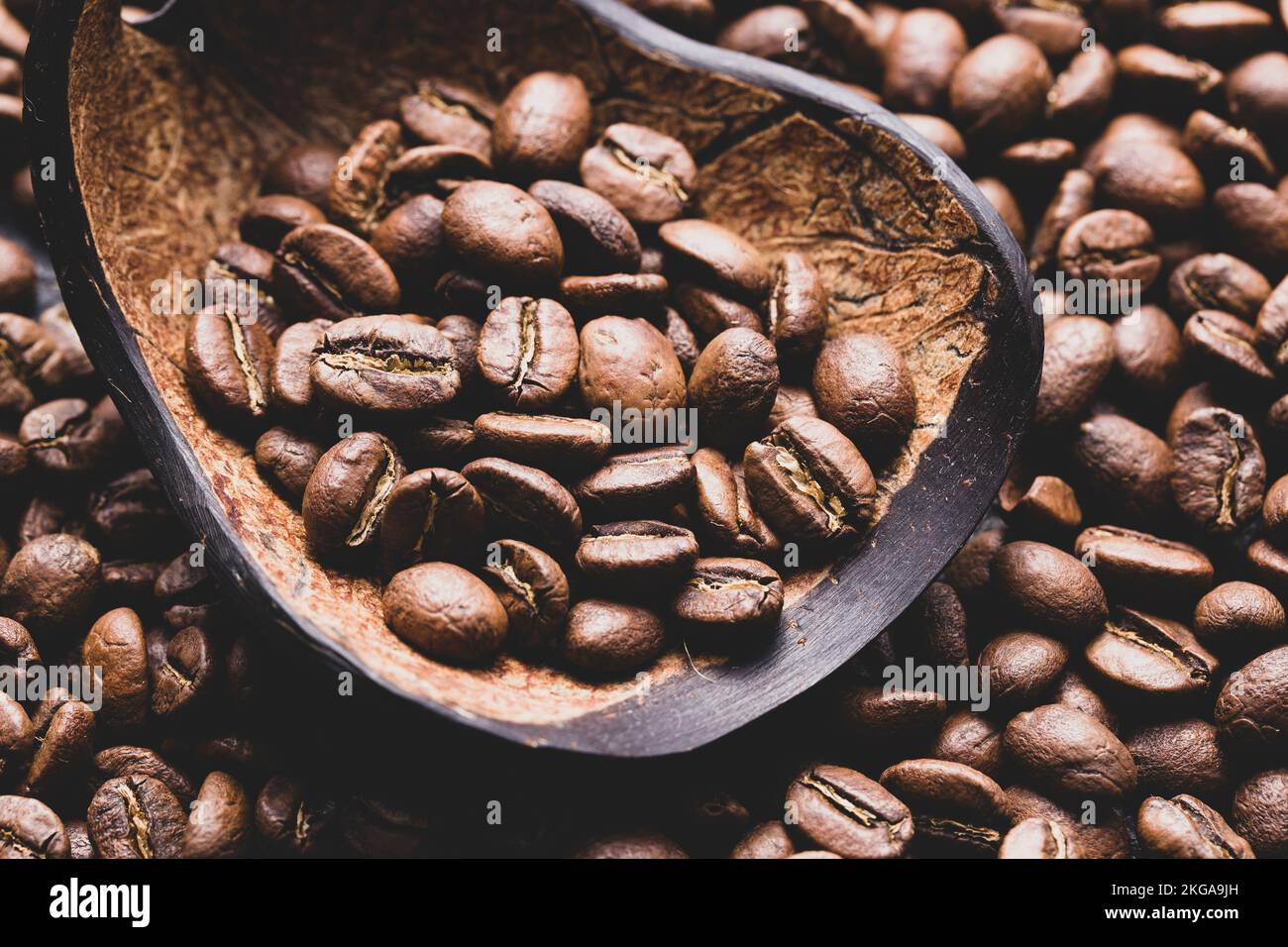 Roasted coffee beans with wooden spoon, closeup image, space for text ...