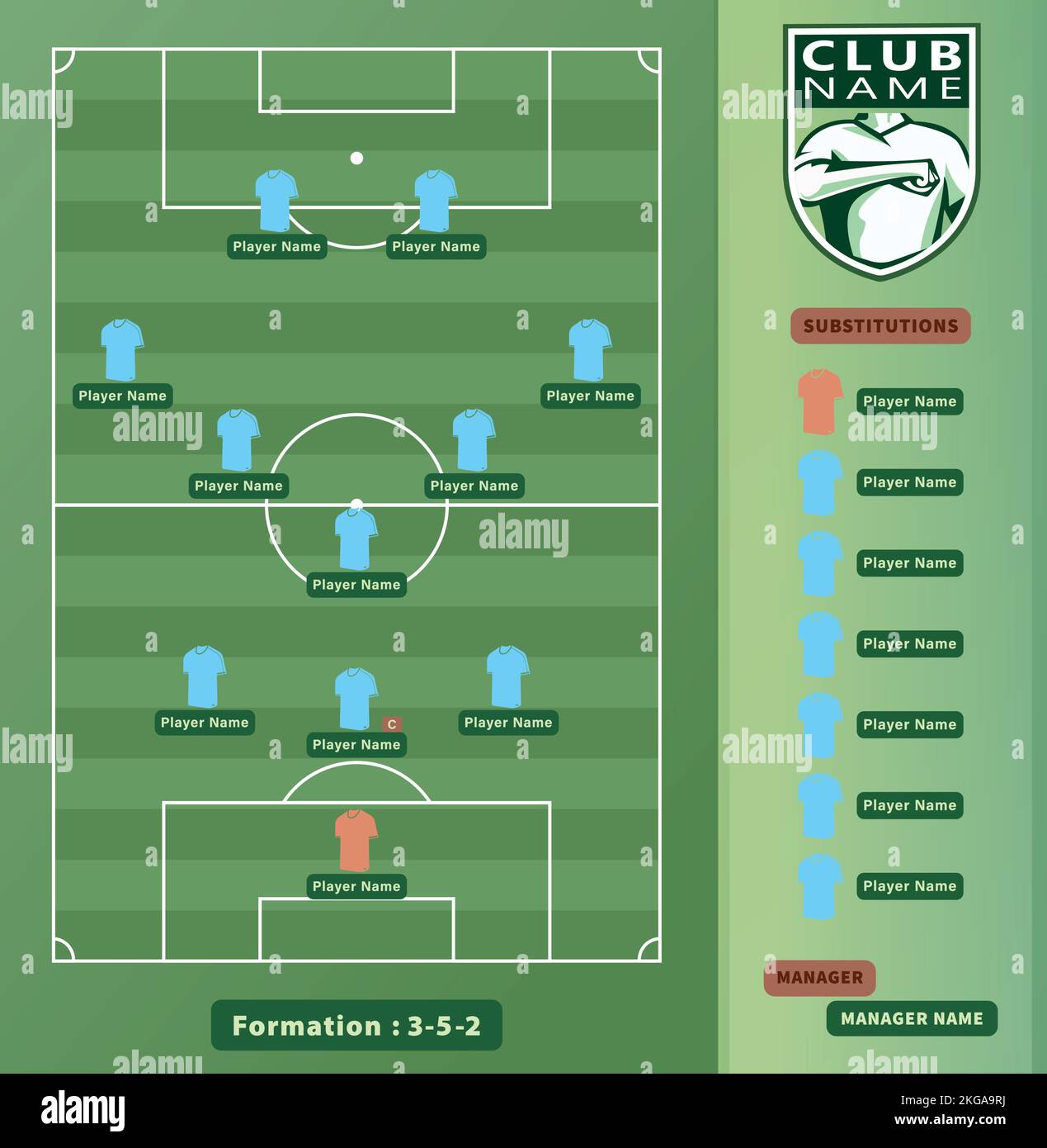 A vector Illustration of football players 3-5-2 variation formation ...