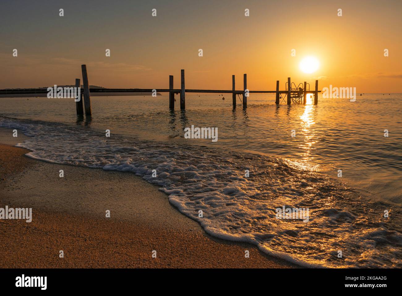 Club 55 pontoon in Pampelonne Beach at sunrise at summer early morning ...
