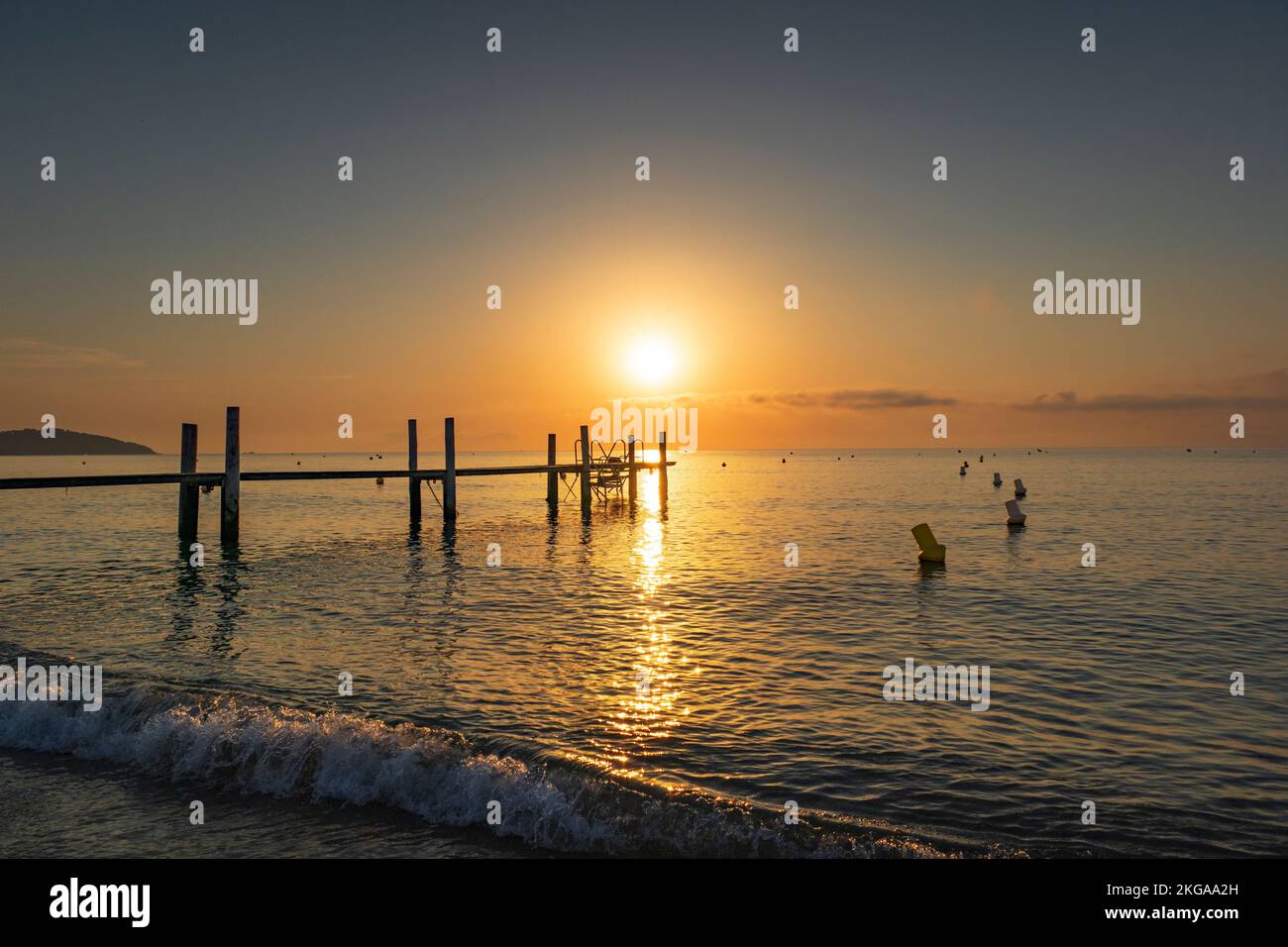 Club 55 pontoon in Pampelonne Beach at sunrise at summer early morning ...