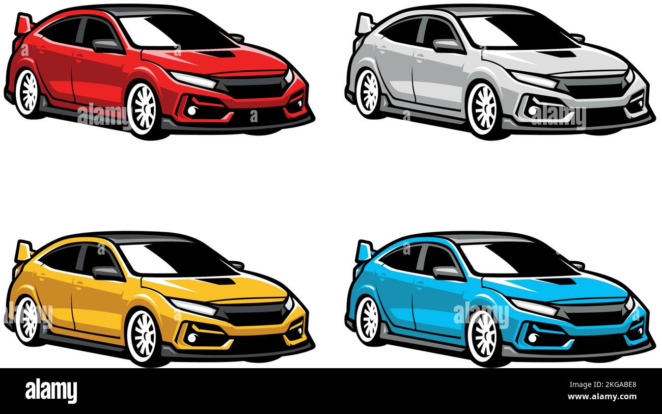 A four-pack of illustrated designs of colorful cars on a white ...