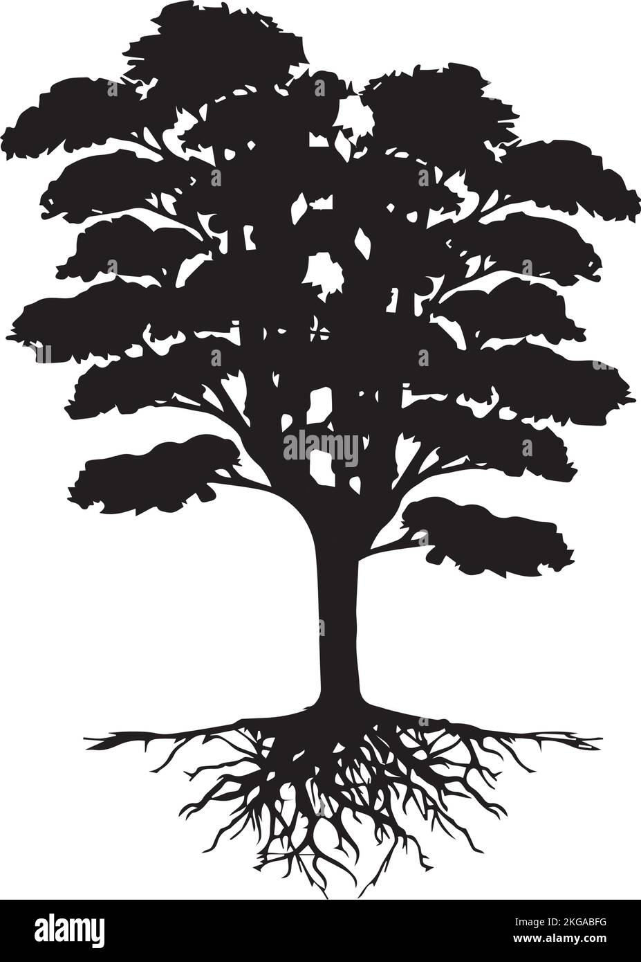 An illustrated design of a black tree with the roots visible on a white ...