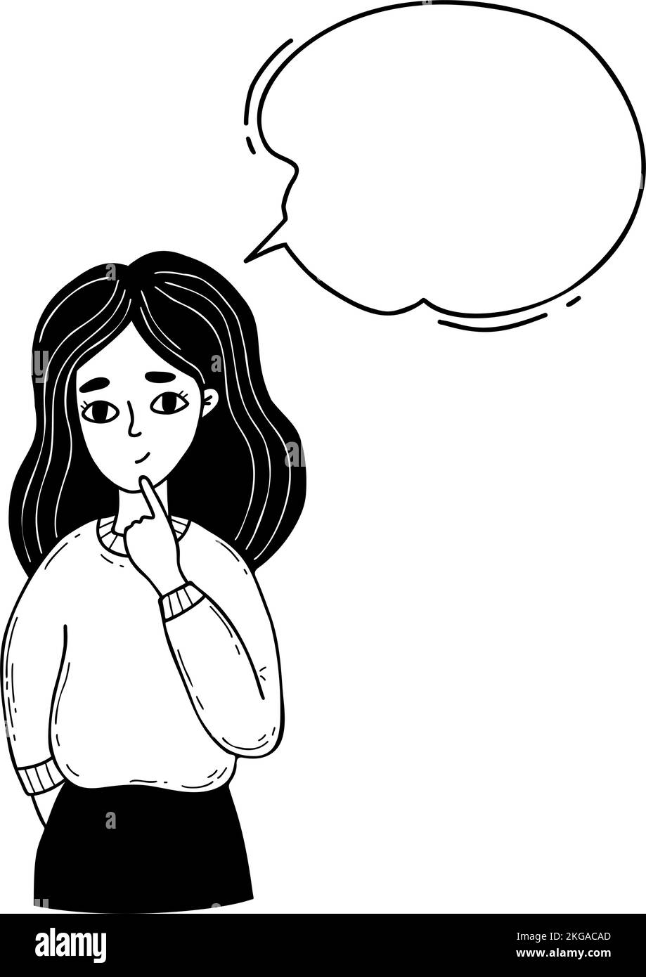 Portrait of thinking person. Thoughtful cute girl and empty text bubble ...