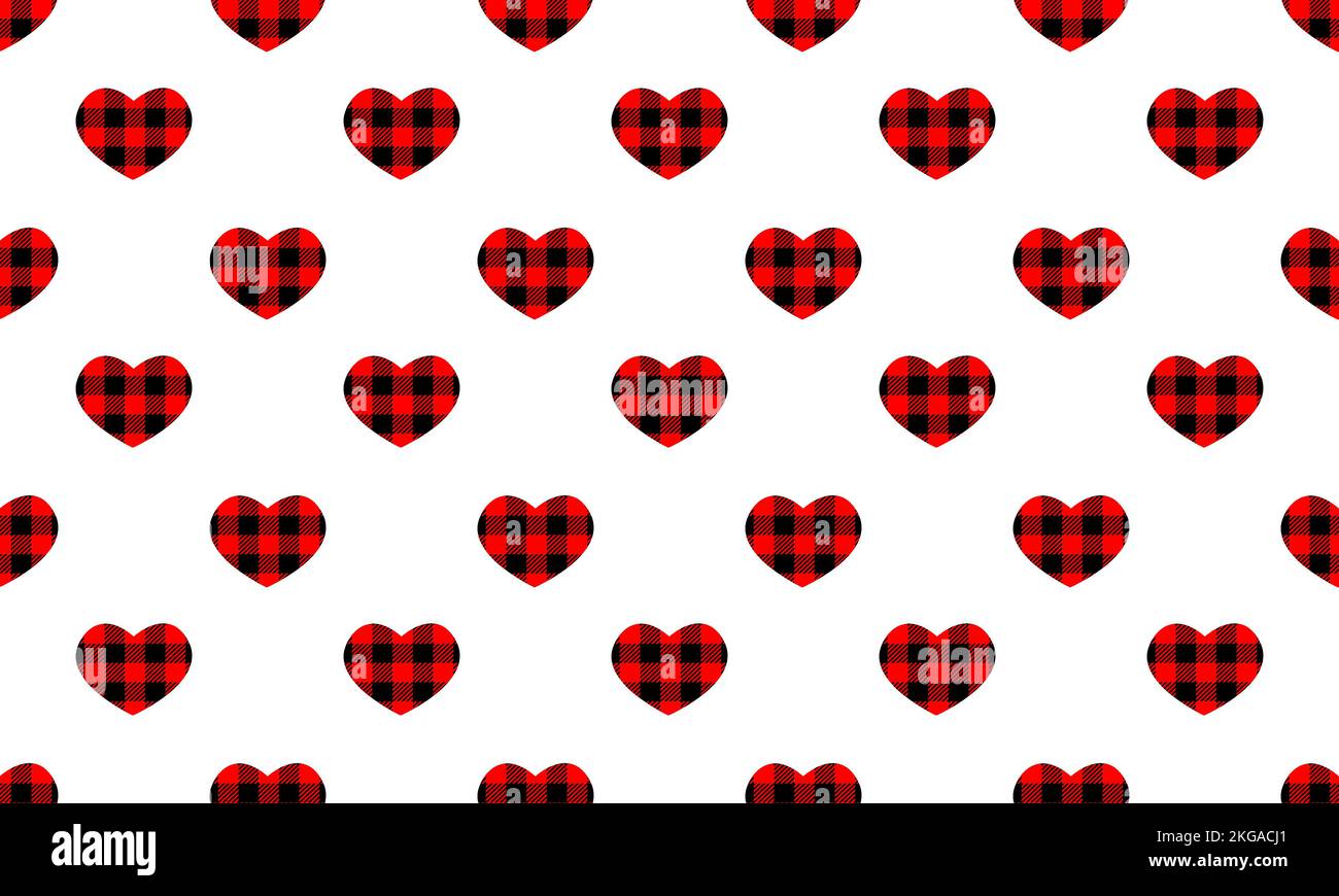Flannel hearts with buffalo print seamless pattern. Repeating love symbols with gingham ...