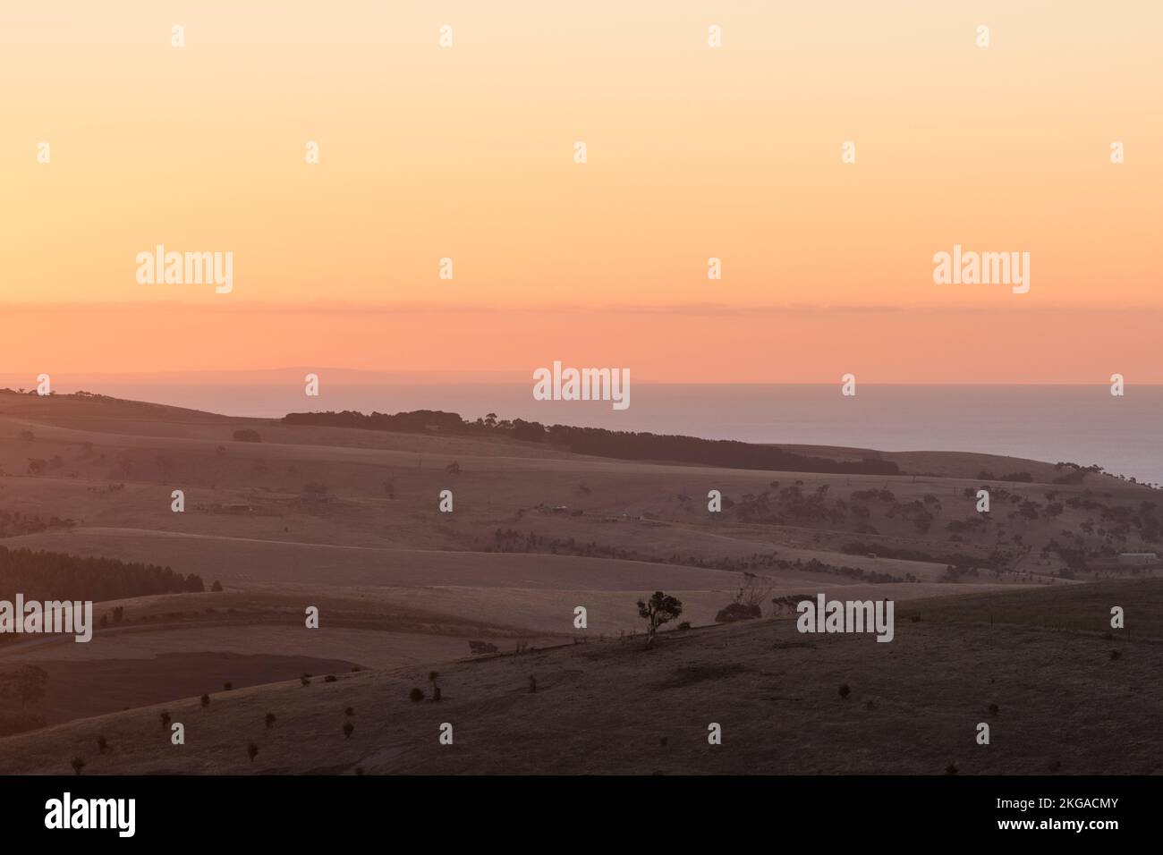 The grazed golden hills of the Fleurieu Pensinsula, with the ocean ...