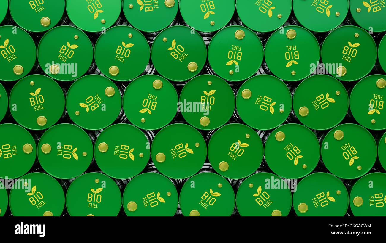 Wall of biofuel barrels or biodiesel drums. Sustainable energy concept ...