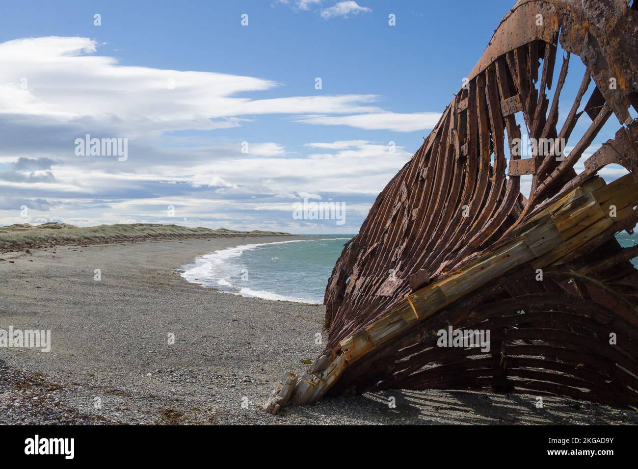Wreckages on San Gregorio beach, Chile historic site. Beached ships ...