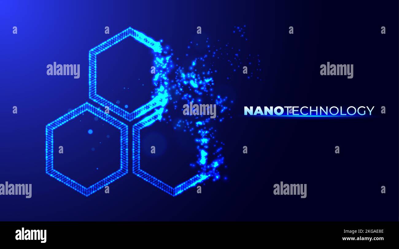Hexagonal nanotechnology abstract background. Glowing neon particle ...