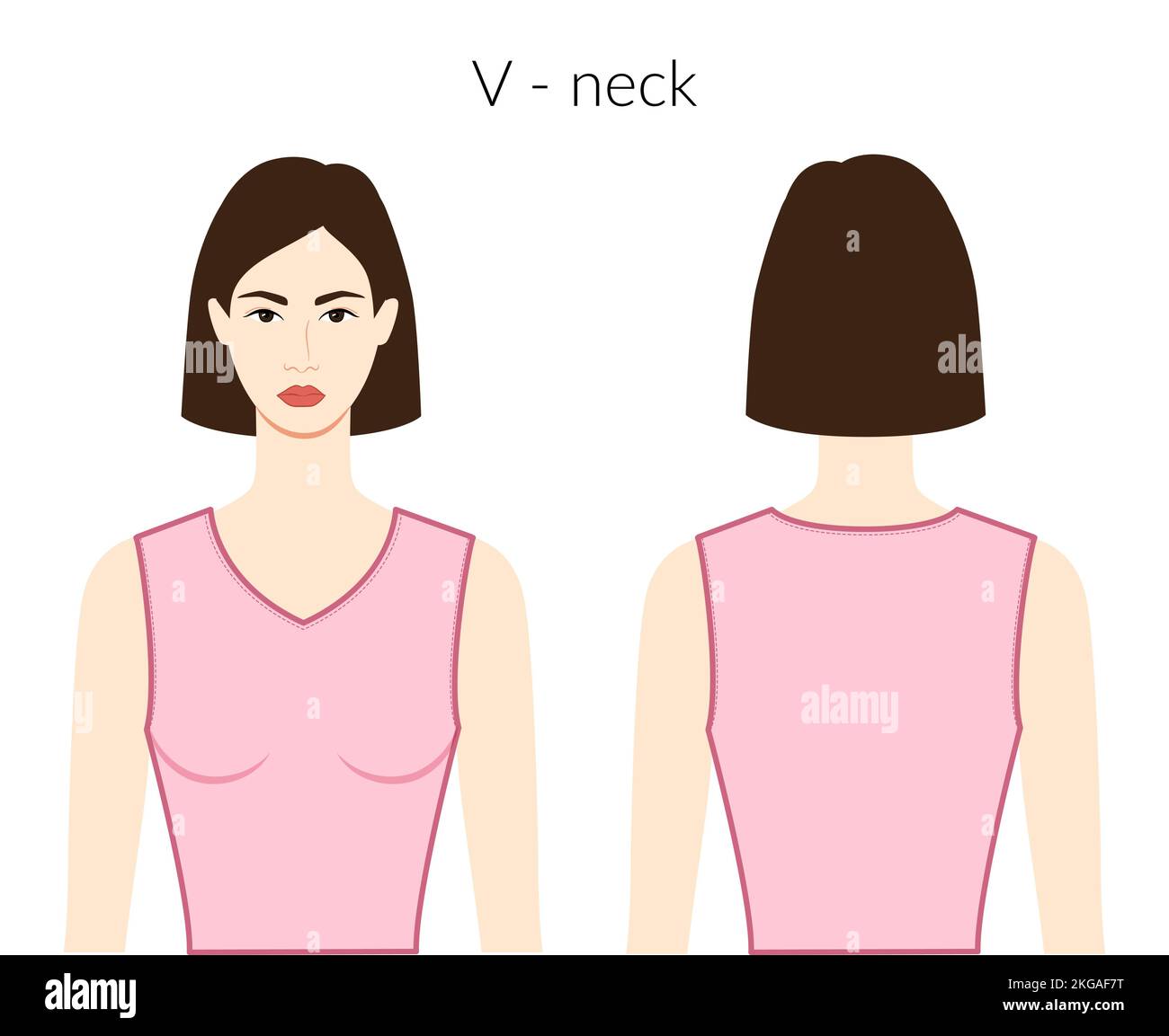 V - neckline clothes character beautiful lady in pink top, shirt, dress ...