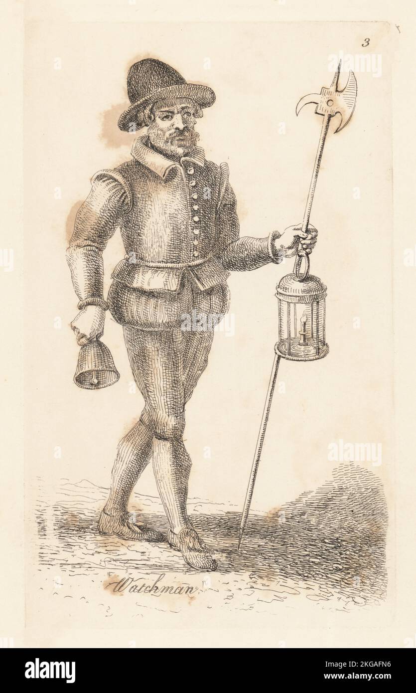 London watchman, early 17th century, era of King James I of England. In ...