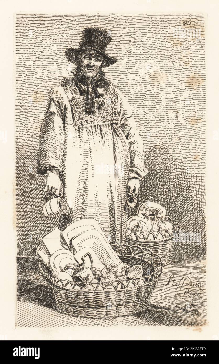 Itinerant seller of Staffordshire earthenware pottery. A man in top hat ...