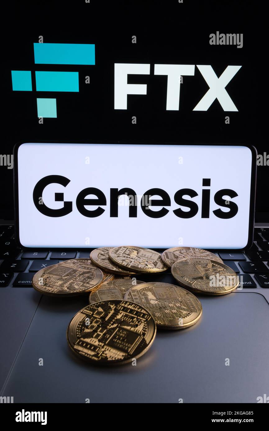 FTX and Genesis concept. Genesis Trading crypto company logo seen on a ...