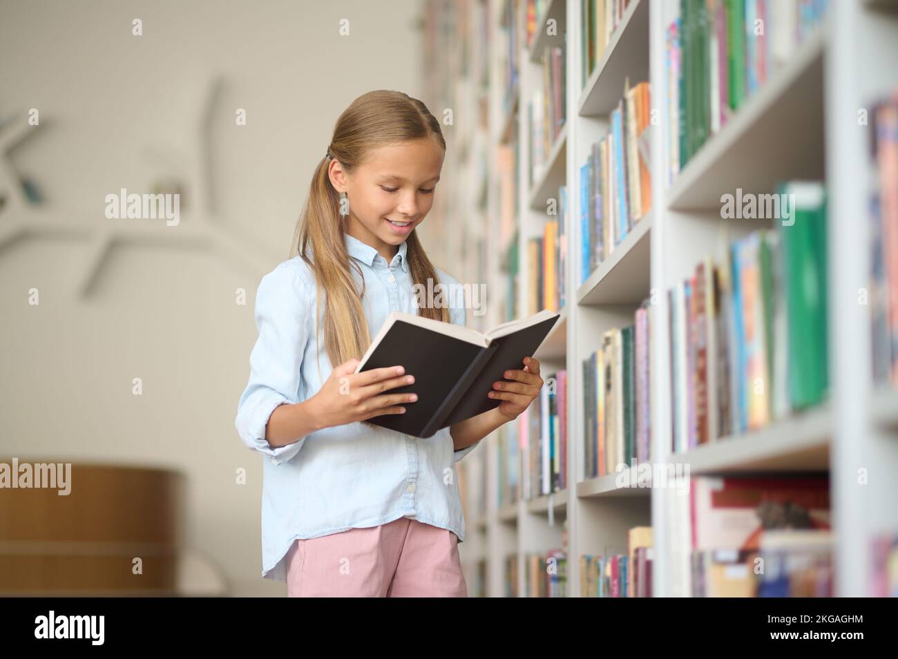 Cute girl searching for a book in the school library Stock Photo - Alamy