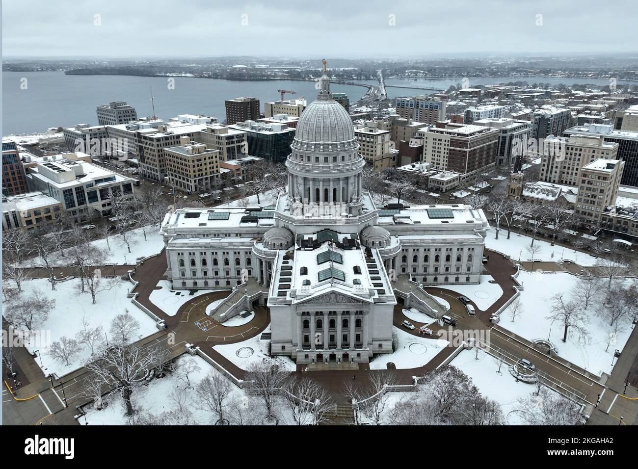 A general overall aerial view of the Wisconsin State Capitol building ...