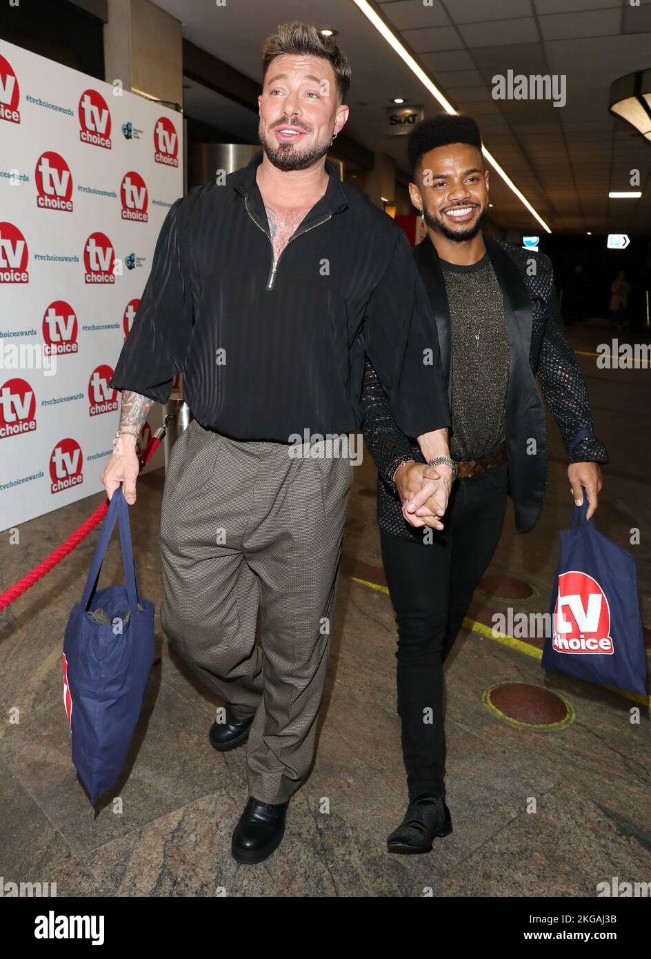 Duncan James and his partner Rodrigo Reis depart the annual TV Choice Awards at Hilton Hotel in ...