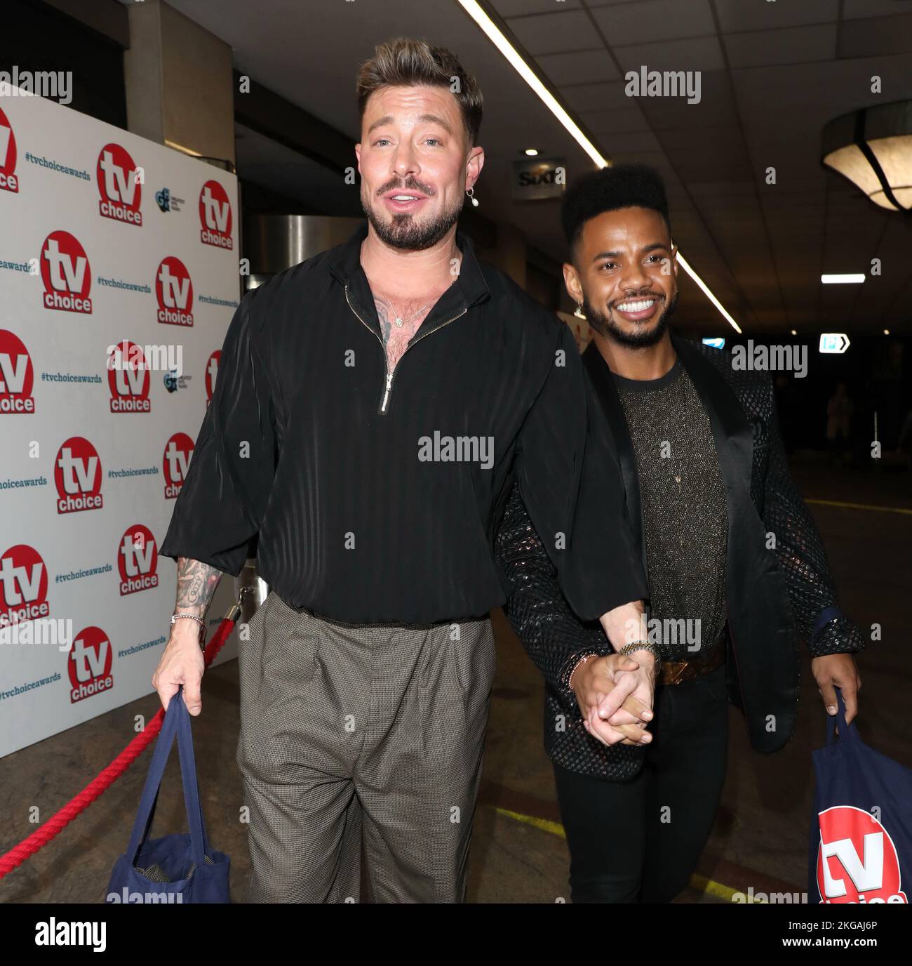 Duncan James and his partner Rodrigo Reis depart the annual TV Choice Awards at Hilton Hotel in ...