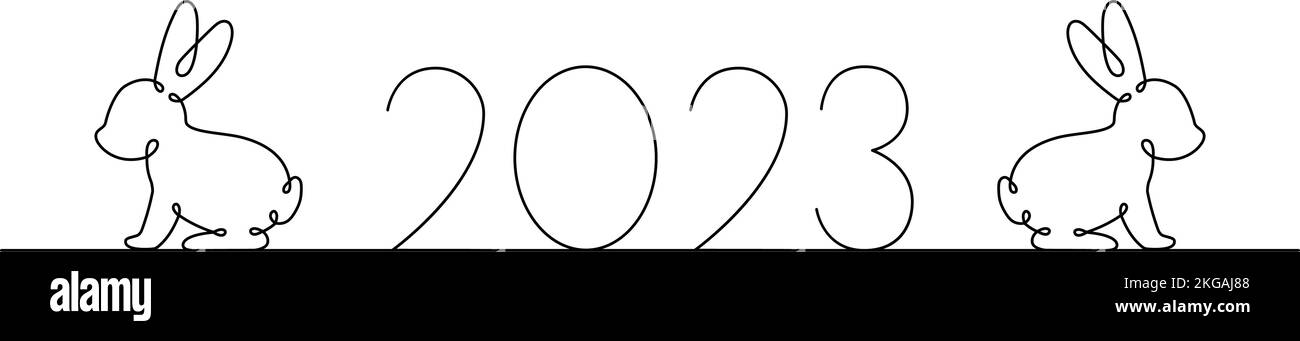 Rabbits with New Year 2023 one line drawing. Year of the Rabbit. Hare ...