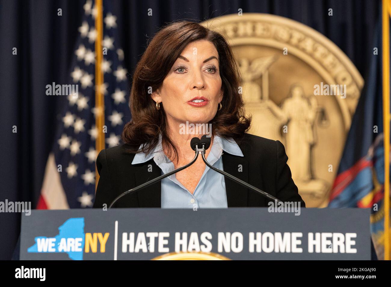 Governor Kathy Hochul speaks after signing bills targeting hatred and ...