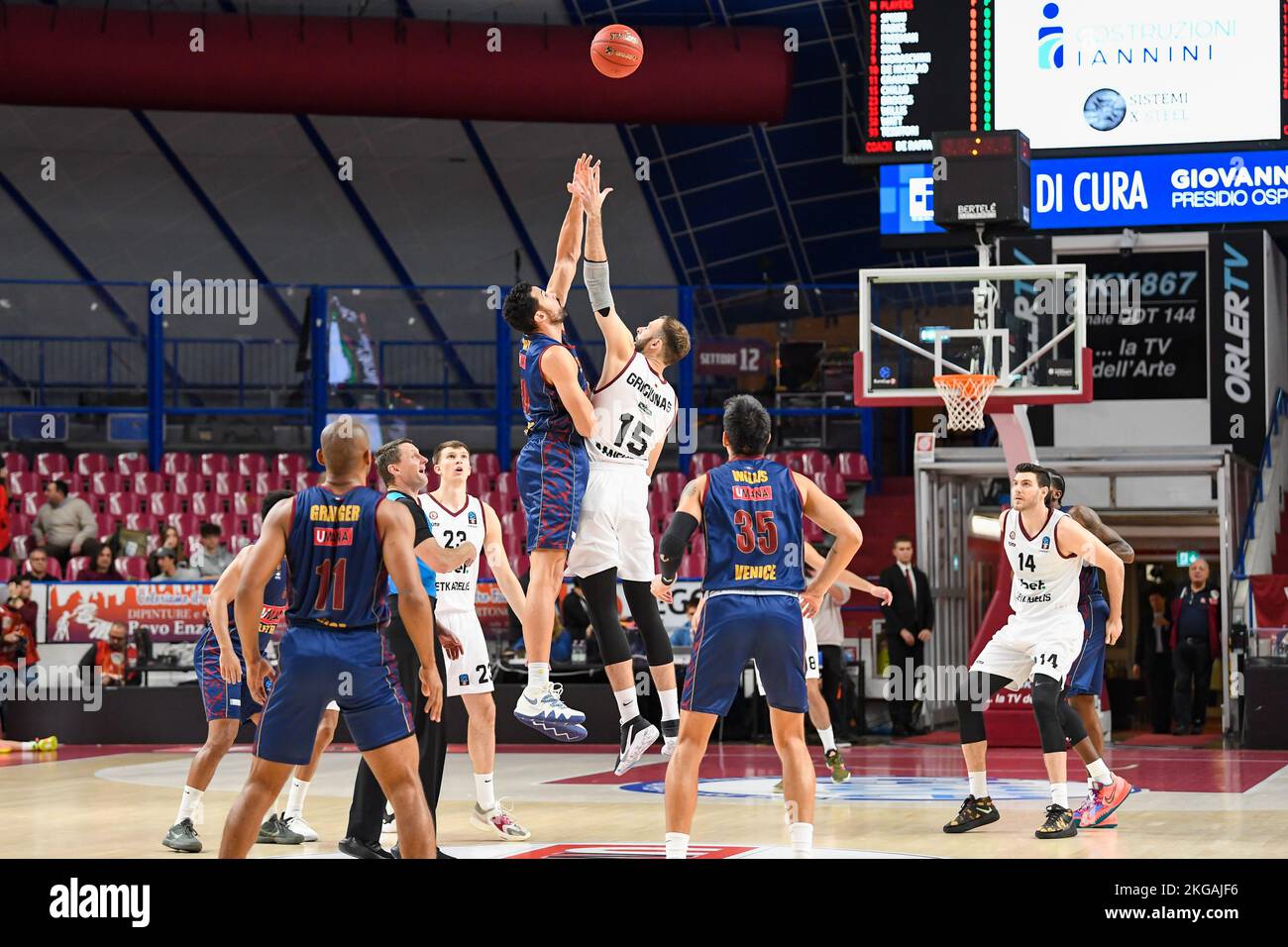Venice, Italy. 22nd Nov, 2022. Benas Griciunas (7bet-Lietkabelis Panevezys) and Mitchell Watt ...