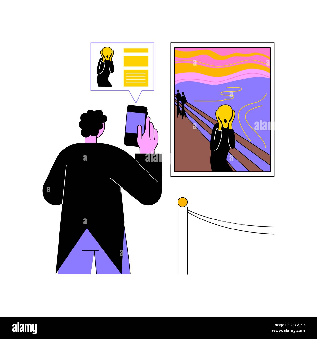 Interactive gallery isolated cartoon vector illustrations. Young spectator man takes photo of ...