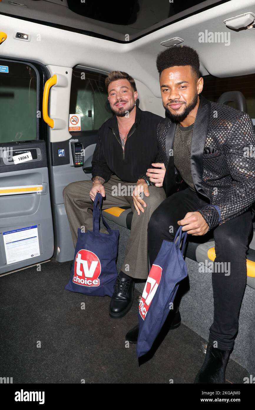 Duncan James and his partner Rodrigo Reis depart the annual TV Choice Awards at Hilton Hotel in ...