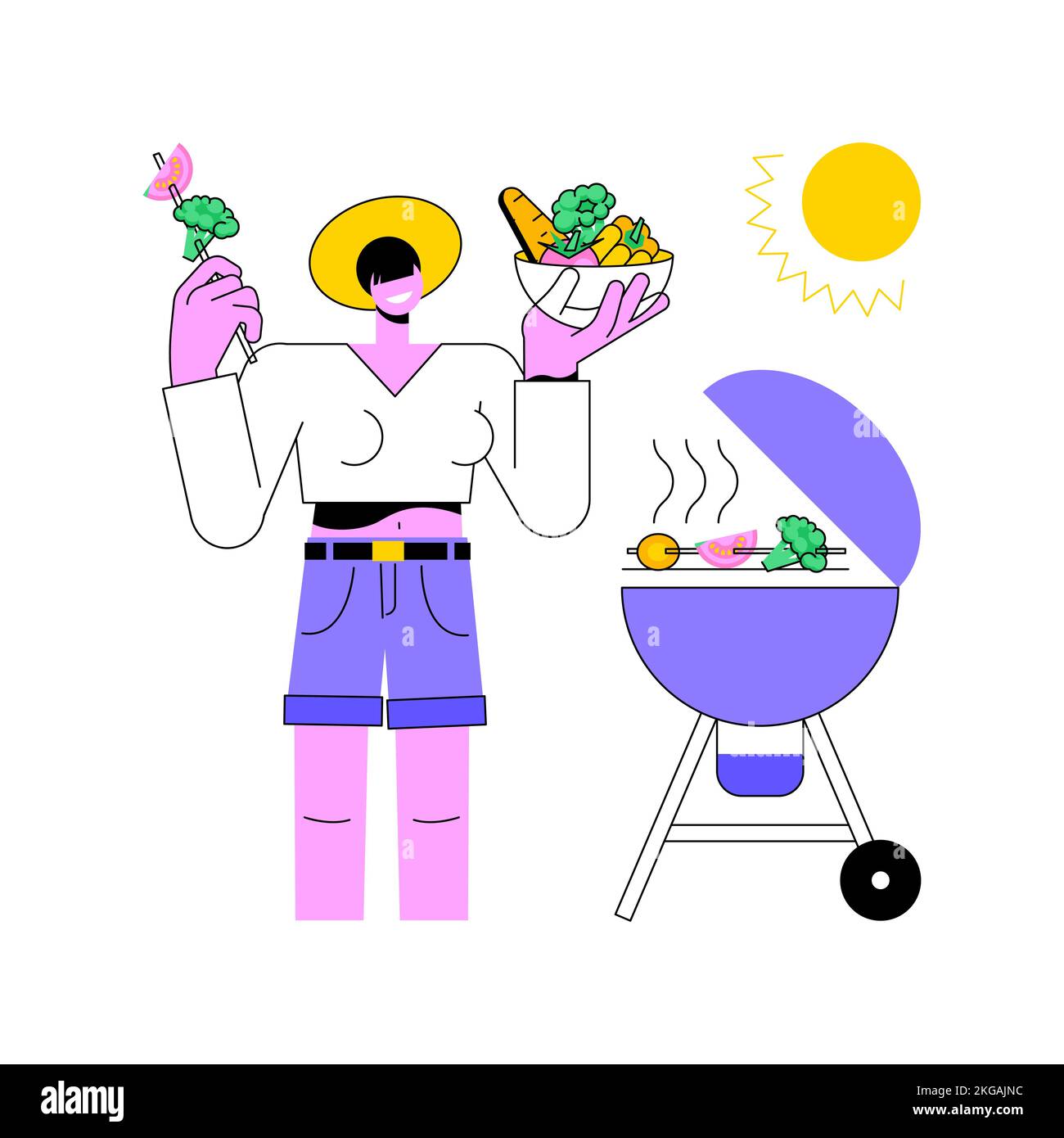 BBQ area isolated cartoon vector illustrations. Beautiful girl grilling ...