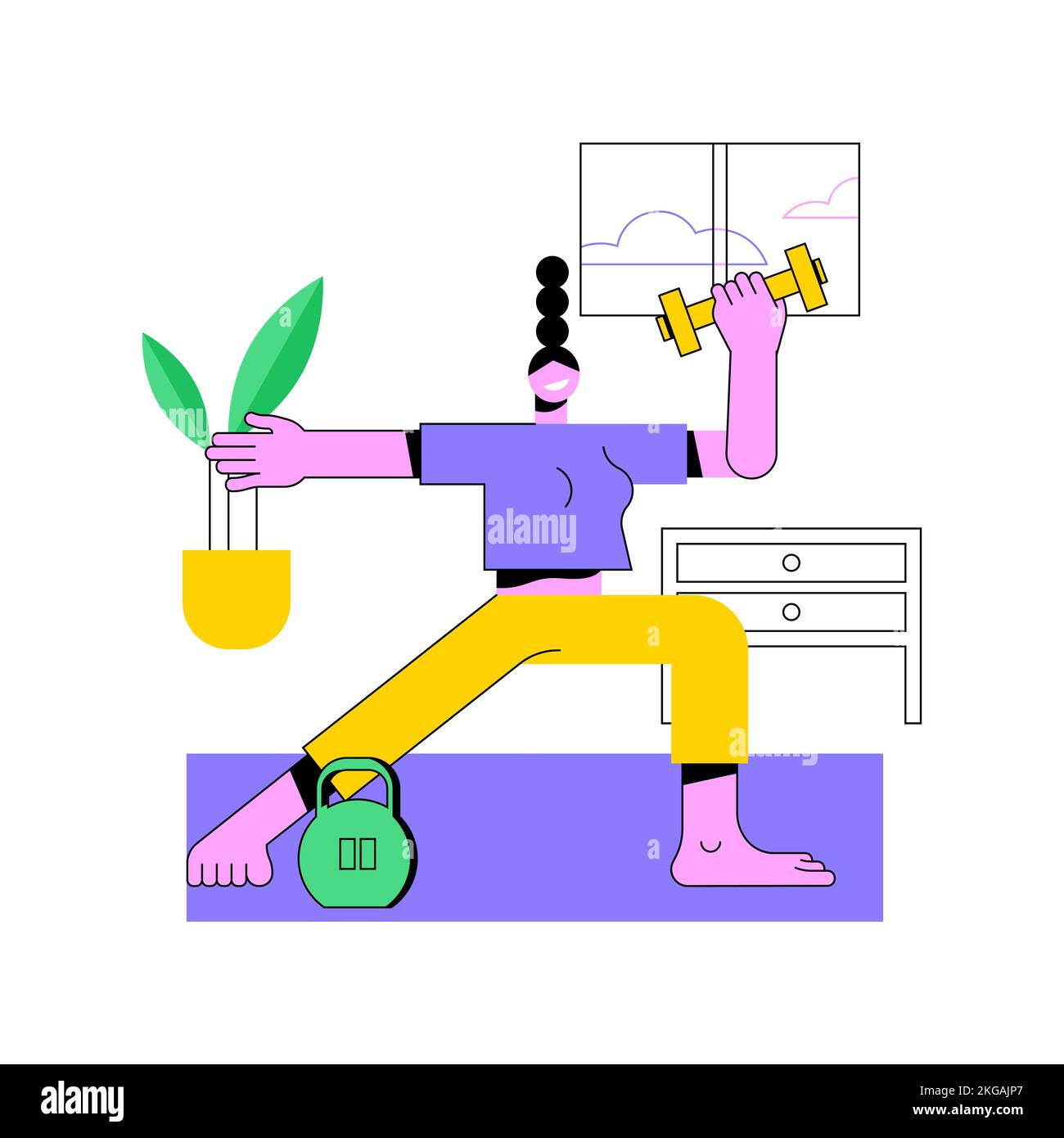 Home fitness isolated cartoon vector illustrations. Girl in sportswear doing fitness and ...